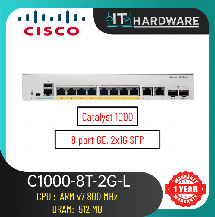 C1000-8T-2G-L Cisco Catalyst 1000 Series Switches 8x 10/100/1000 Ethernet ports, 2x 1G SFP and ...
