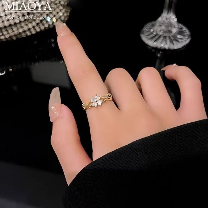 MIAOYA Korean Micro-set Zirconia Four-leaf Clover Ring Female Gold Color Silver Color Exquisite ...