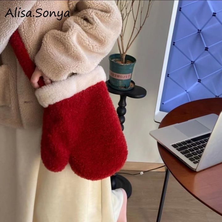 Alisa.Sonya Plush Fur Shoulder Bag Red Diagonal Crossbody Bag Casual ...