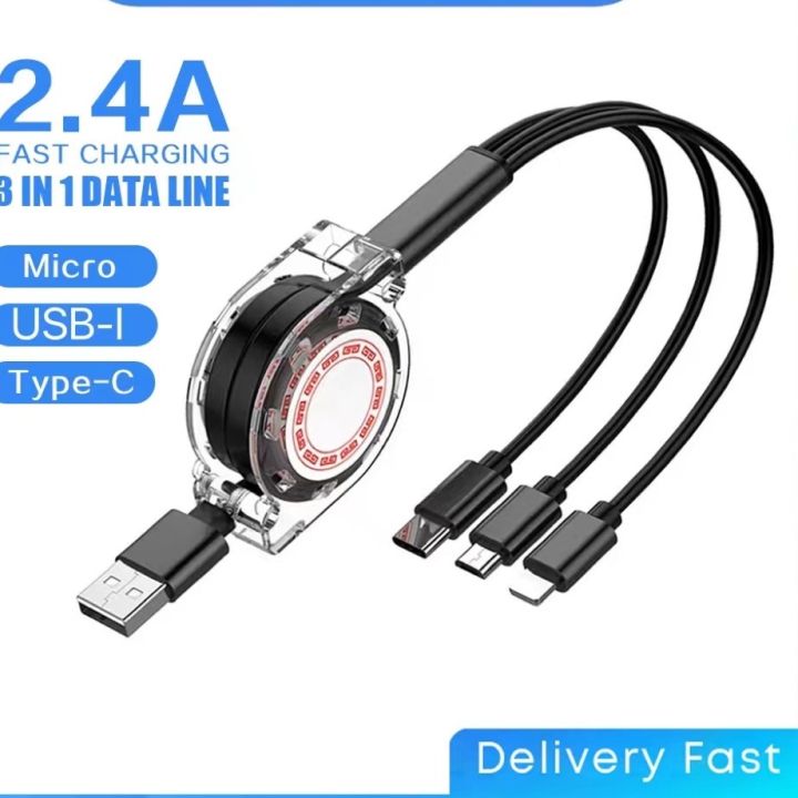 Telescopic 3 In 1 Fast Charging Cable support for Type C SUB-I Micro ...