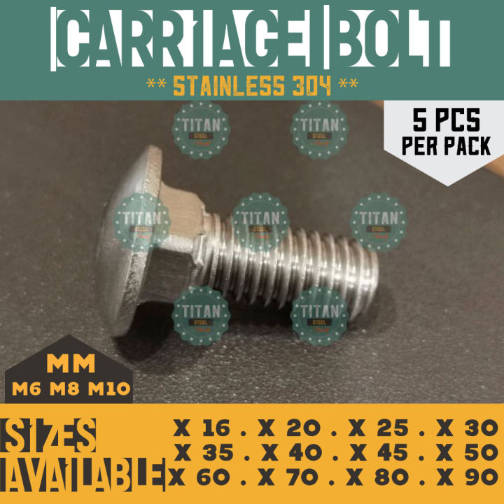Titan Steel - 5pcs - Carriage Bolt (Stainless 304) aka Coach Bolt, Round-Head Square-Neck - 6mm ...