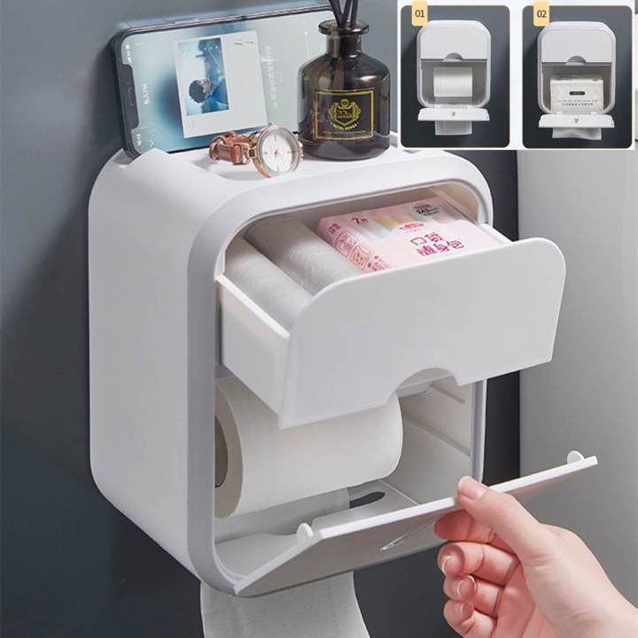Punch Free Roll Tissue Paper Holder Box Wall Mounted Bathroom Tissue ...