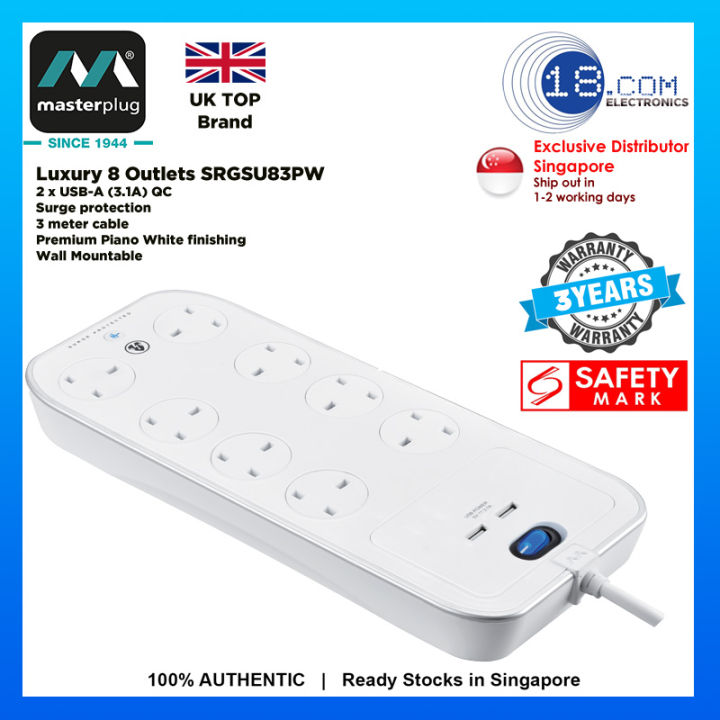 Masterplug Extension Socket | SRGSU83PW | Surge Protection with 2 x 3 ...