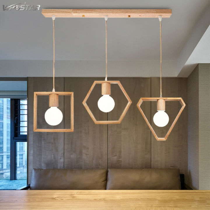 3 Heads Pendant Light Modern Geometry Wooden Hanging Lamp for ...