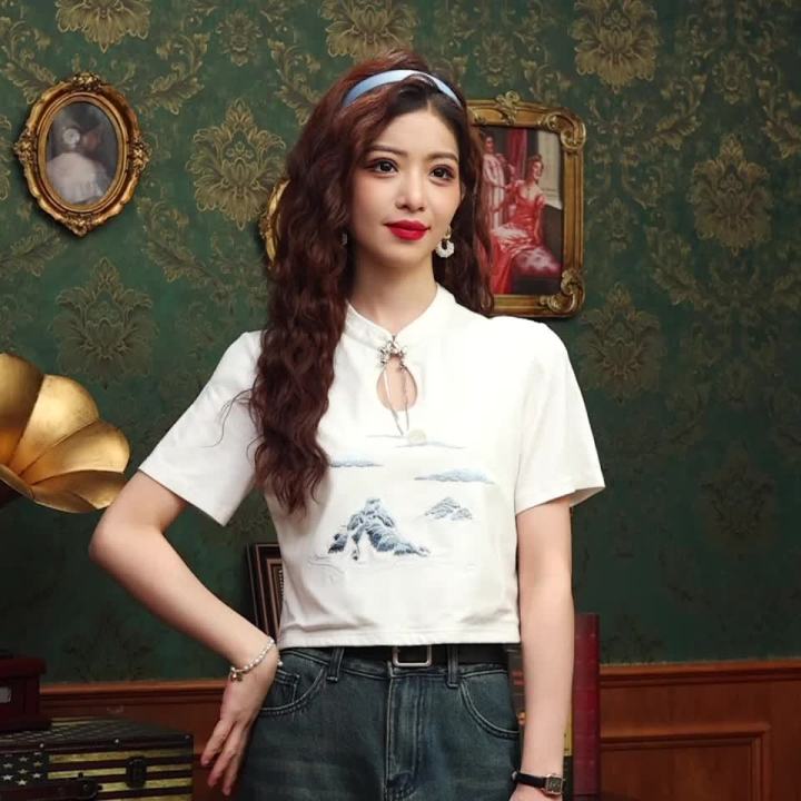 เสื้อยืดคอกลมสไตล์ประจำชาติฤดูร้อน HZM 2024ผู้หญิงชุดปักแขนสั้นของผู้หญิง | Lazada.co.th