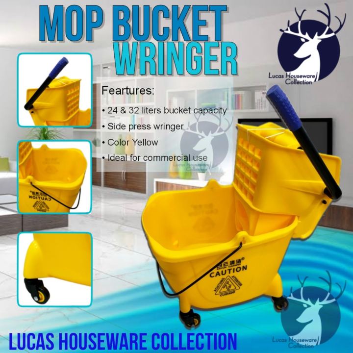 PLASTIC COMMERCIAL MOP-BUCKETS WITH WHEELS & SIDE PRESS WRINGERS SET ONLY (24 & 32 LITERS ...