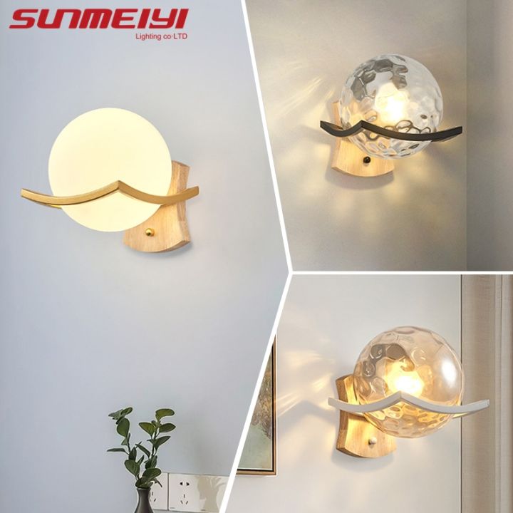 New-classic Wood Led Wall Moon Lamp Round Glass Shade Modern Minimalist ...