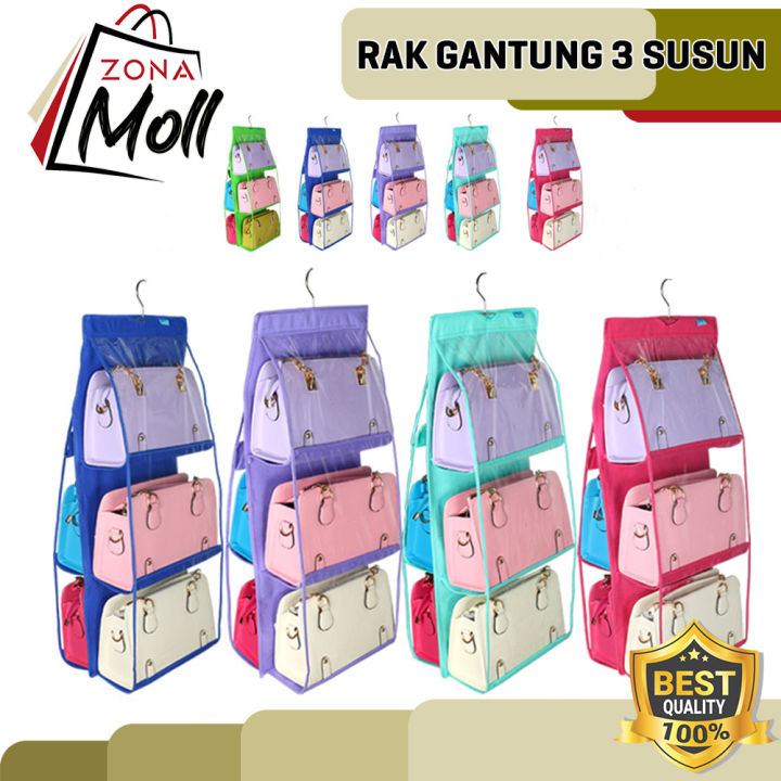 BISA COD RAK TAS GANTUNG 3 SUSUN 6 SLOT POLOS PLASTIK BAG ORGANIZER ...