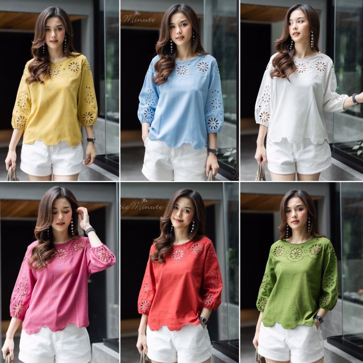 P0246 เสื้อลินินผสมฝ้าย เนื้อผ้าขึ้นลาย มีความนุ่ม งานปักดอกไม้เจาะฉลุ ...
