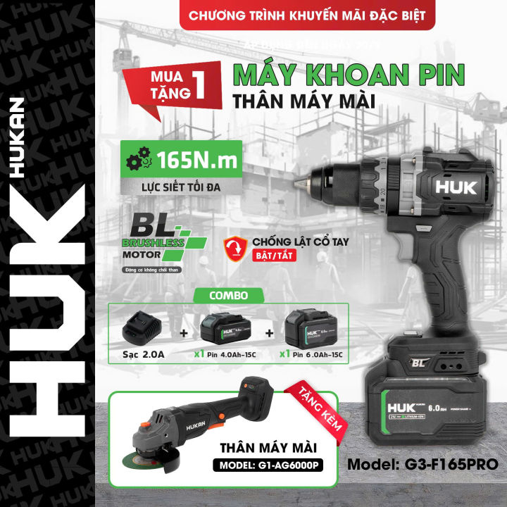 [TẶNG AG6000P] Máy khoan pin HUKAN HUK G3-F165PRO Không chổi than 165Nm ...