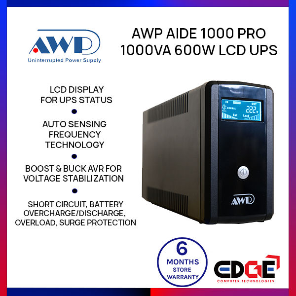 EDGE | AWP Aide 1000 Pro LCD 1000VA 600W UPS Uninterruptible Power ...
