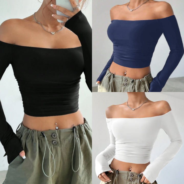 VAMPIRE 6A0296 Double Lining OffShoulder Longsleeves Basic Solid Top ...