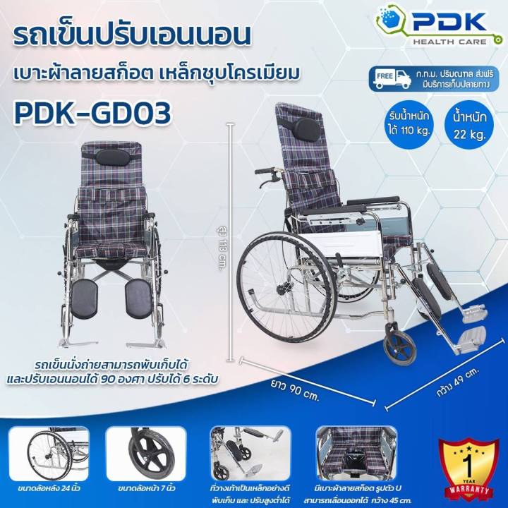 รถเข็นผู้ป่วย ผู้สูงอายุ ปรับเอนนอนเบาะผ้าลายสก็อต เหล็ก ชุบโครเมียม ...