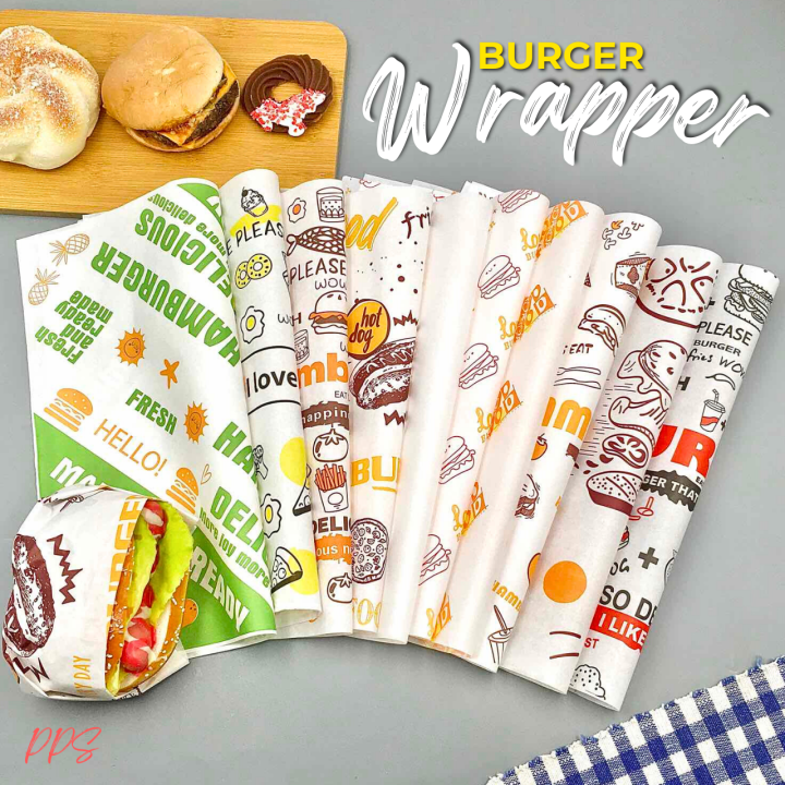 100pcs 28.5x29.5cm Burger Wrapper Food Liner GreaseProof Generic Print ...