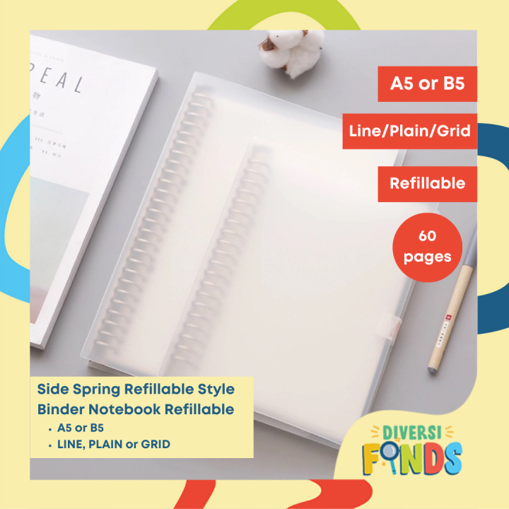 MUJI Style Binding Notebook Refillable - Size A5 and B5 60 SHEETS - LINE, PLAIN, and GRID ...