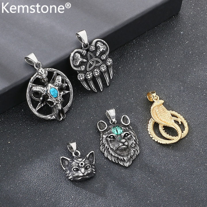 Kemstone Titanium Steel Viking Pendant Necklace – Goat Skull/Wolf Head ...
