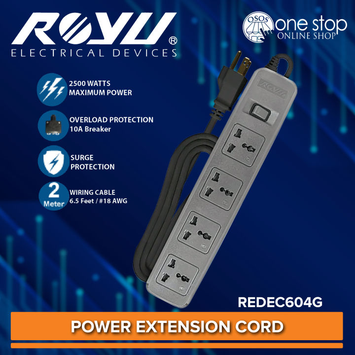 Royu Power Extension Cord Cable Wire Overload and with Surge Protection ...