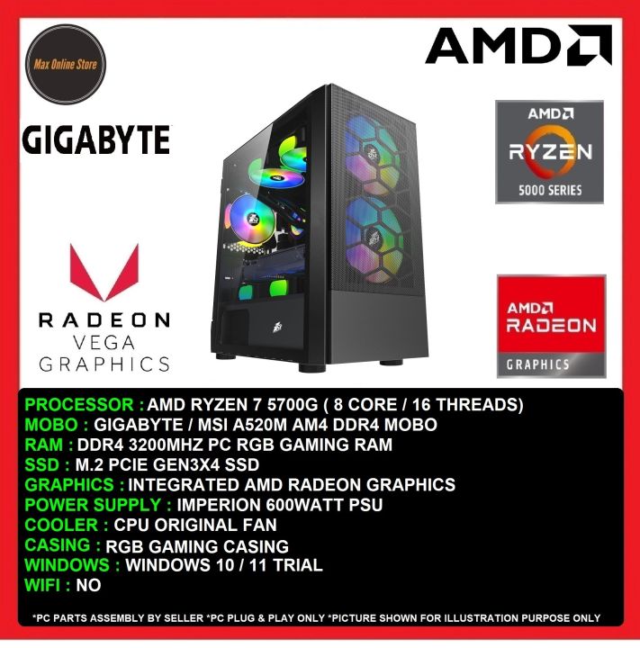 Gaming PC Desktop AMD Ryzen 7 5700G/8GB/16GB/256GB SSD/512GB SSD/Vega ...