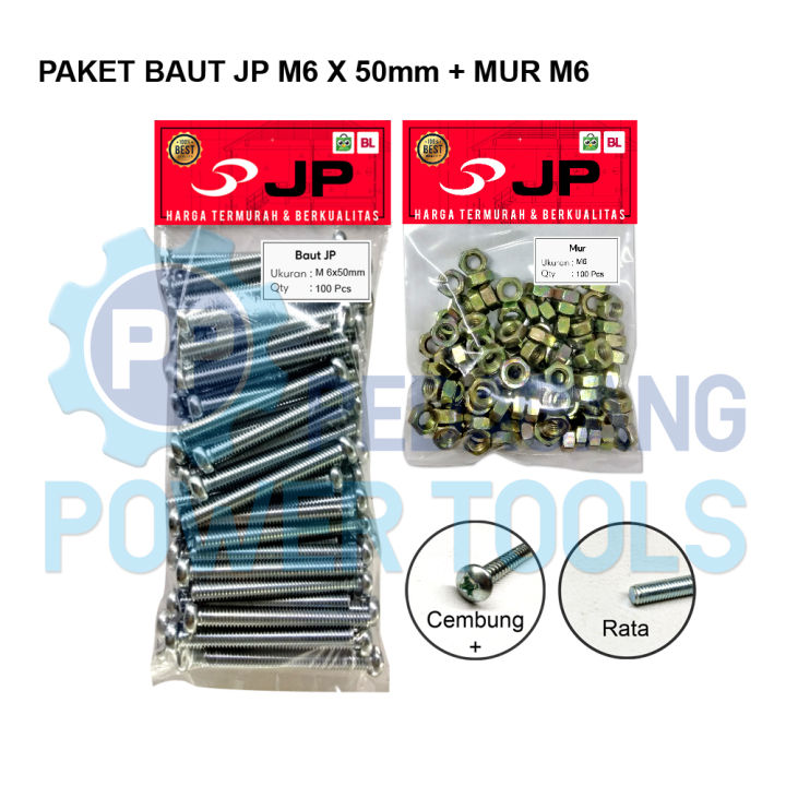 PAKET 2 SET BAUT MUR 6x50 BAUT JP M 6 x 50 MM MUR M6 SKRUP ISI 100 PCS | Lazada Indonesia