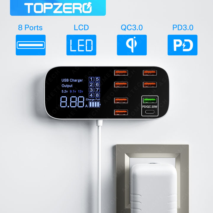 TOPZERO ที่ชาร์จเร็ว3.0 USB,ที่ชาร์จเร็ว40W 8พอร์ต Type C หน้าจอ LED อะ ...