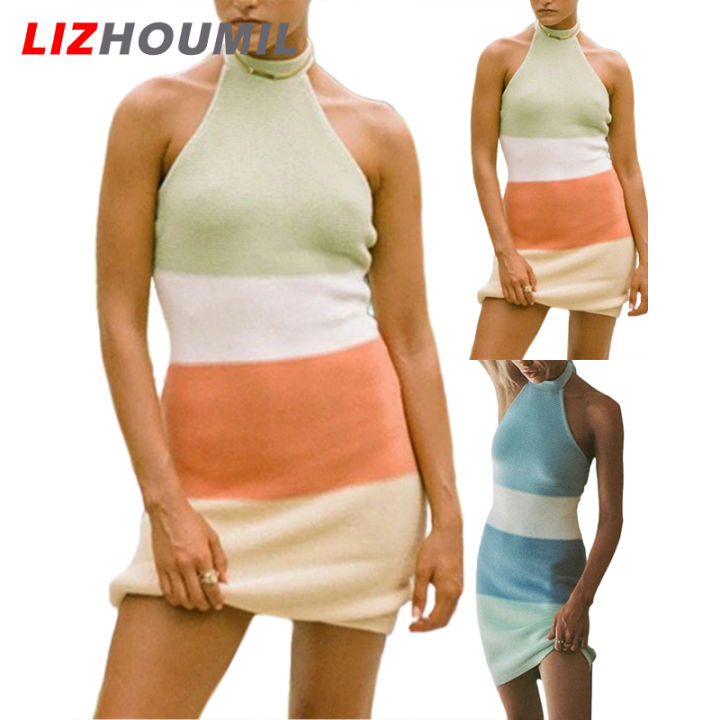 LIZHOUMIL Women Sexy Halter Backless Knit Bodycon Mini Dress Sleeveless ...