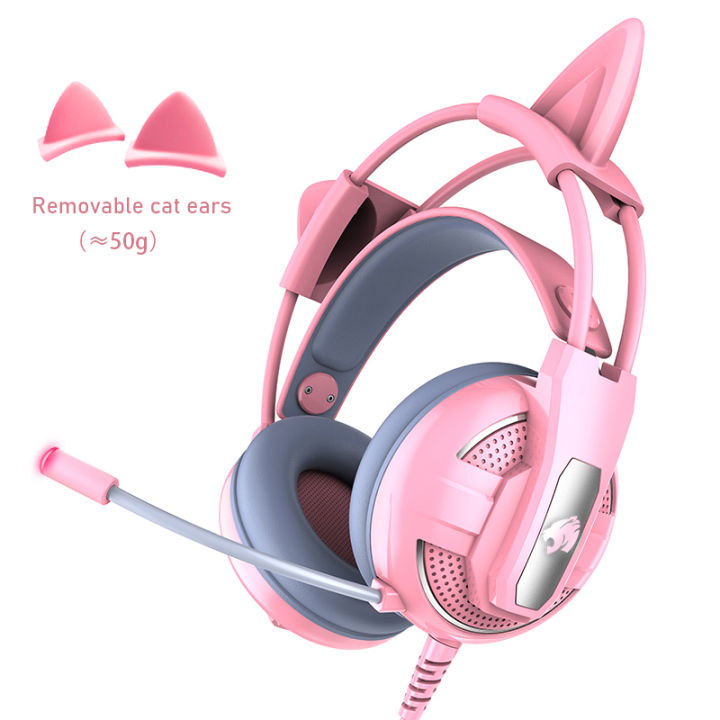 Pink Headphones with Mic and Noise cancellation RGB LED light Cat Ear ...
