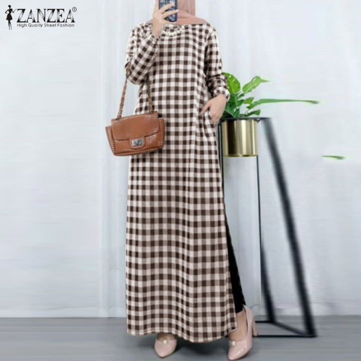 Zanzea Muslimah Women Muslim Check Plaid Maxi Dress Casual Long Sleeve