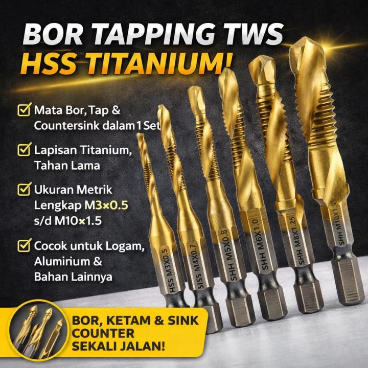 Mata Bor HSS Original 1 Set Tapping Titanium 3in1 Ukuran M3-M10 ...