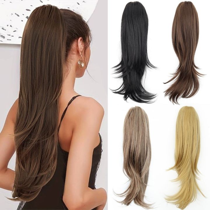WHTRY Đen Nâu Kẹp tóc đuôi ngựa tổng hợp 18 inch Chịu nhiệt Bộ tóc giả ...