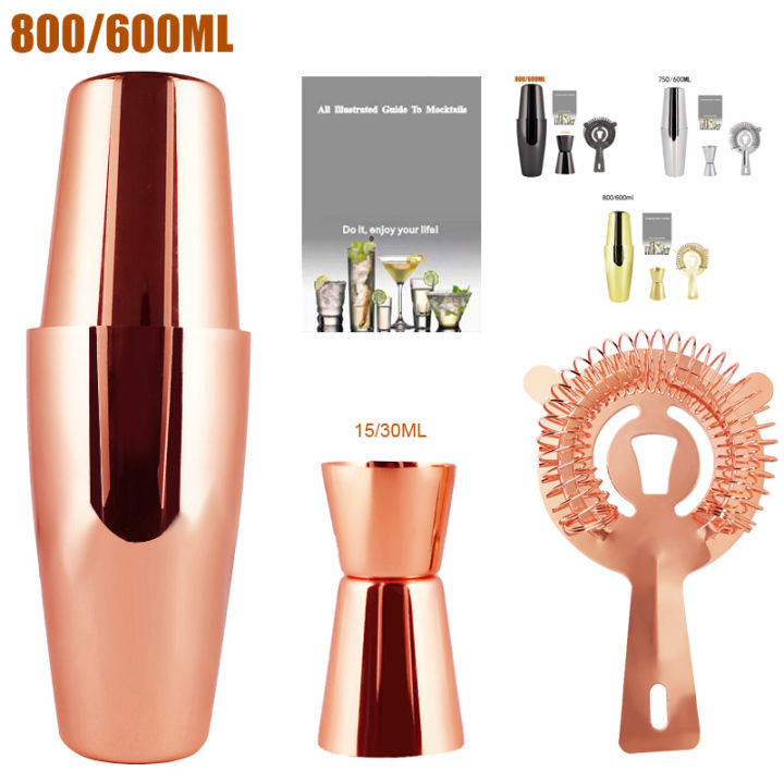 3 Piece Bartender 800ml/600ml Black Rose Gold Cocktail Shaker Set For ...