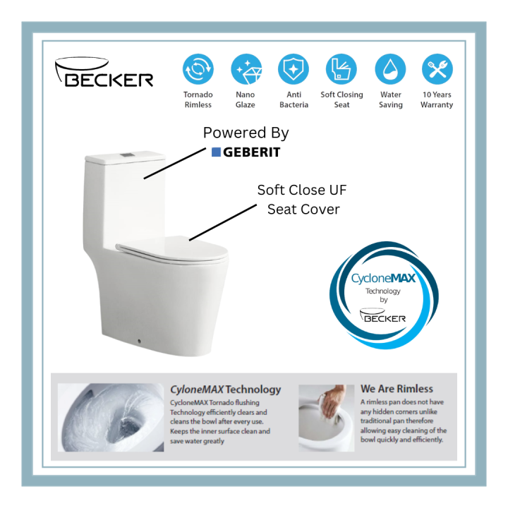 BECKER MIDORI One Piece Rimless Toilet Bowl With CycloneMax Tornado ...