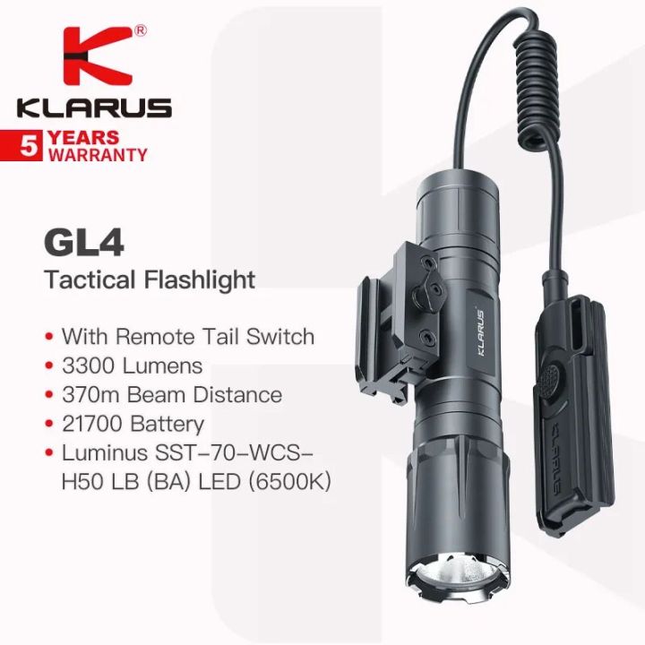 Klarus GL4 Rail/Tactical Flashlight With Remote Tail Switch, 3300 Lumens 370M Beam Distance ...