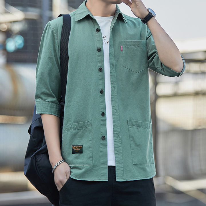 Cotton spring and summer shirt men's loose coat tooling seven-point ...