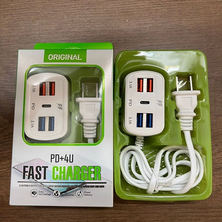 4 Port USB + PD Fast Charger with Power Cord for Universal Mobile Phone ...