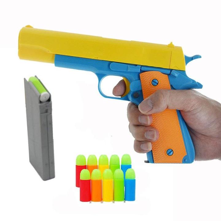 Blaster Cool Toy Gun with 10 Soft Bullets, Ejecting Magazine, Slide ...