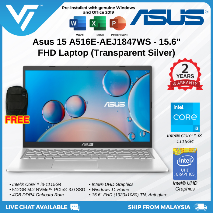 Asus 15 A516E-AEJ1847WS Laptop (Intel Core i3-1115G4, 4GB, 512GB SSD ...