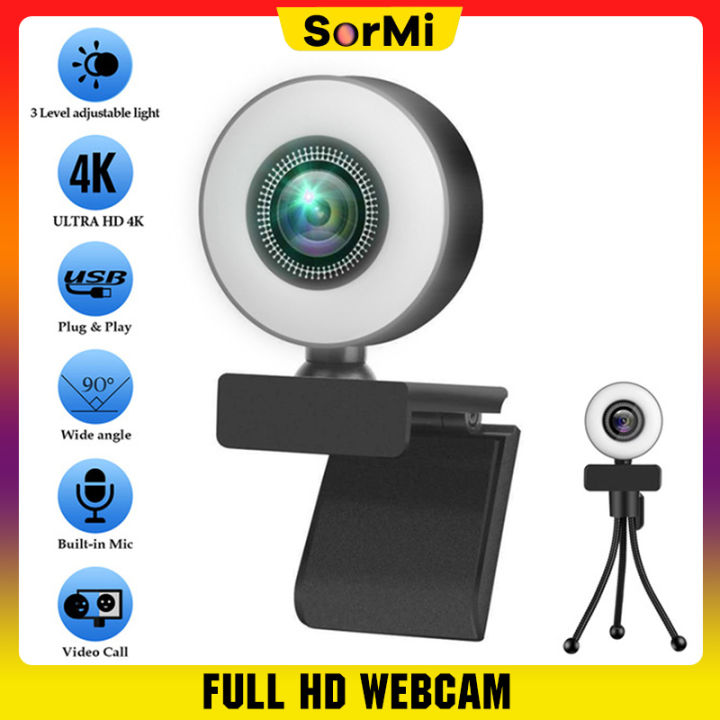 4K Webcam 2K Full HD Web Camera With Microphone LED Fill Light USB Web ...