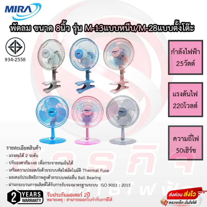 พัดลมขนาดเล็ก Mira 8นิ้ว รุ่น M-13 แบบขาหนีบ M-28 แบบตั้งโต๊ะ รับประกันมอเตอร์2ปี | Lazada.co.th