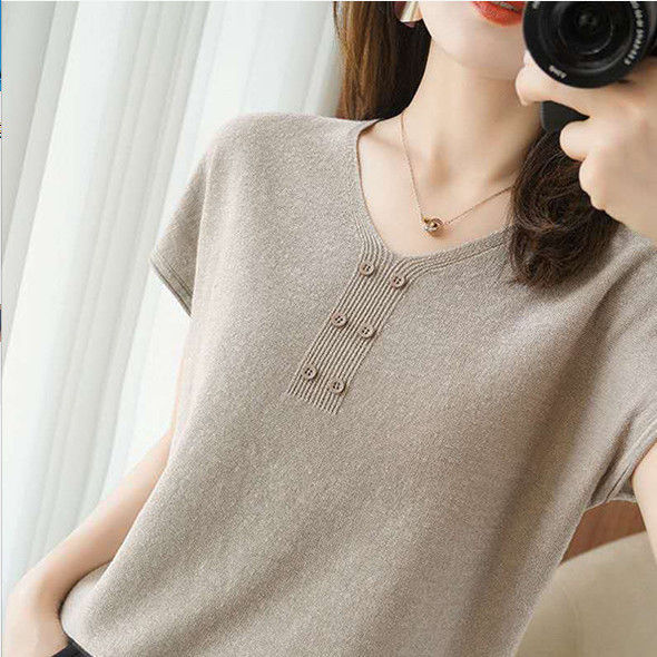 Nữ mới Áo phông dệt kim Lụa băng tay ngắn áo chui đầu cổ chữ V Áo lớn ...