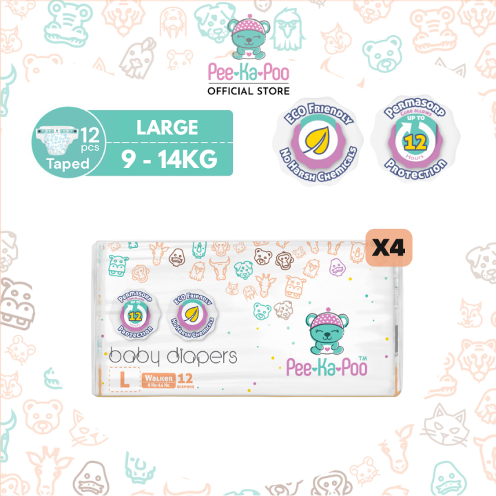 [Bundle of 4] Pee-Ka-Poo Baby Diapers Taped [4 Packs x 12pcs | Total ...