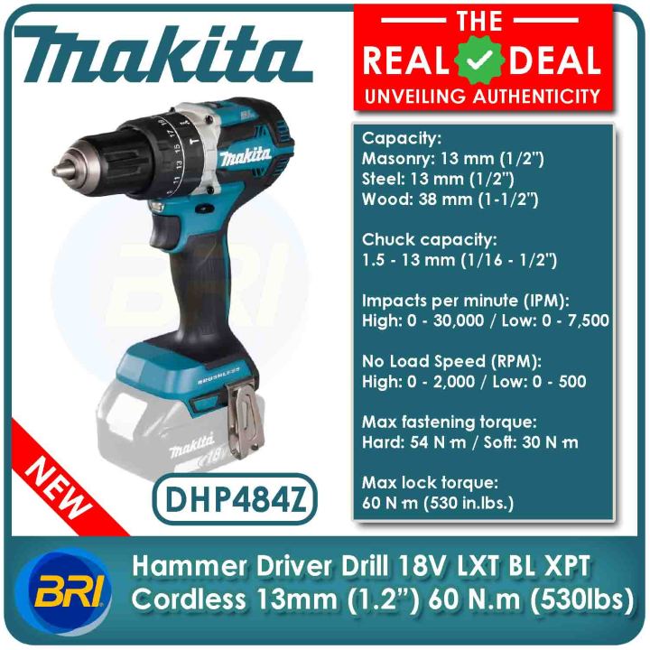 MAKITA DHP484Z Hammer Driver Drill 18V LXT BL XPT Cordless 13mm(1/2") 60 N.m (530 in.lbs ...