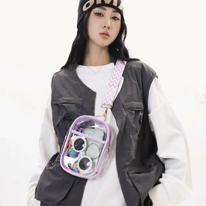 POMELOBT สี่เหลี่ยมจัตุรัส กระเป๋าคาดหน้าอกใส PVC แฟชั่น พกพาได้ ...
