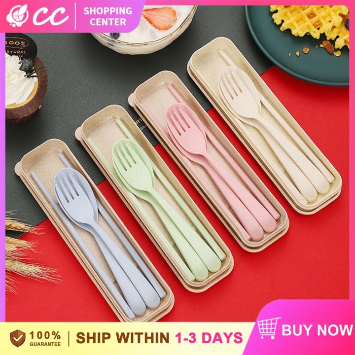 3-in-One Portable Wheat Straw Fiber Spoon Chopsticks Fork Dinnerware ...