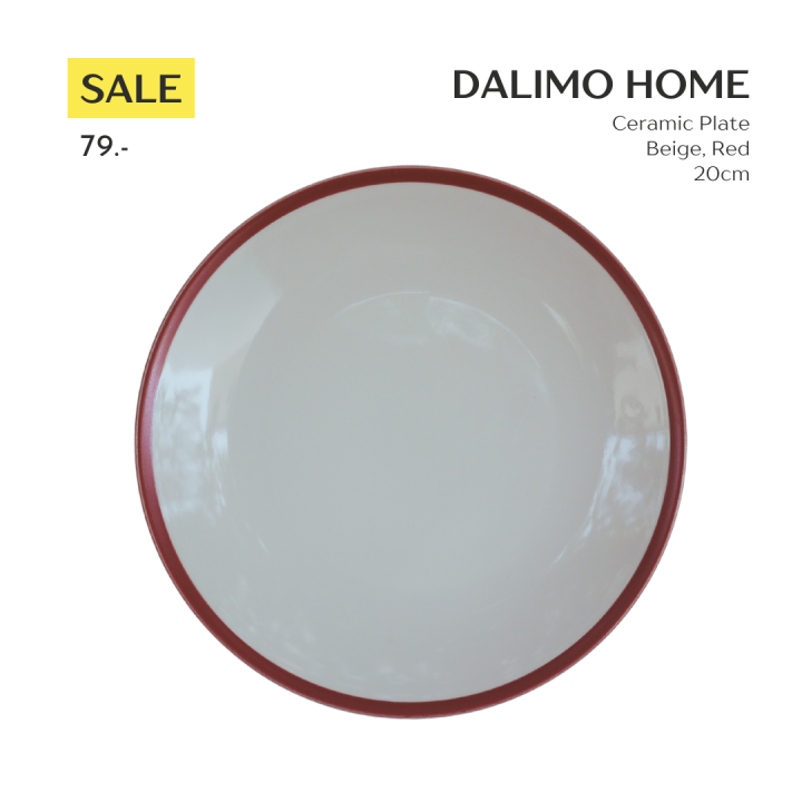 DALIMO HOME จานเซรามิก จานกลมตื้น จานขาวขอบแดง ขนาด 8นิ้ว(20cm) ก้นจาน ...