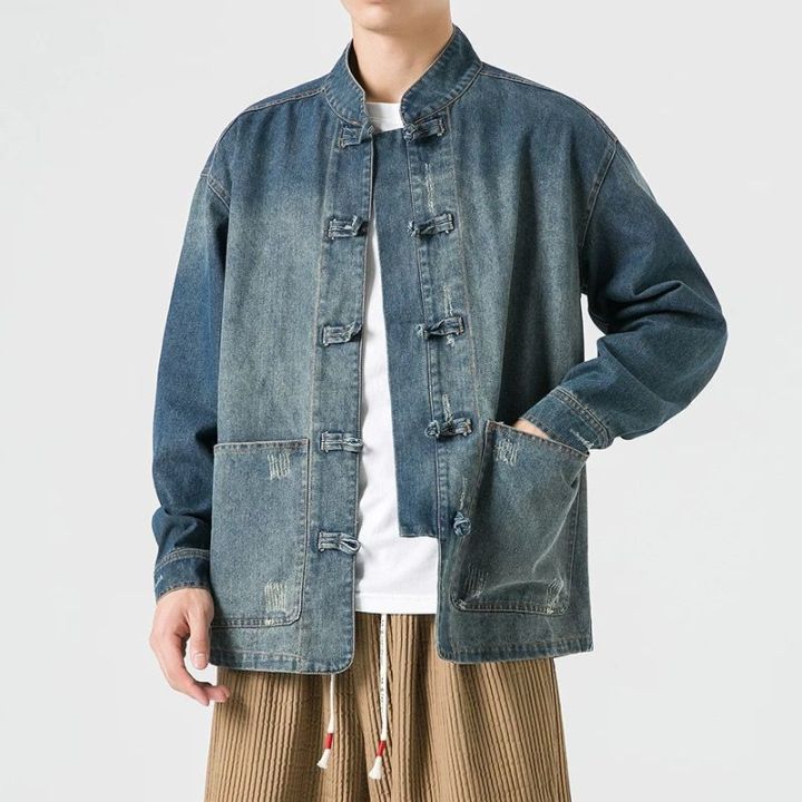 Chinese Style Denim Jacket for Men Loose Large Size Blue Chinese Tang ...
