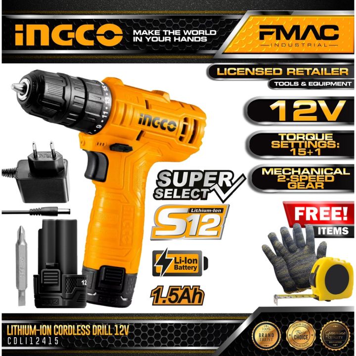 INGCO SUPER SELECT LiIon Cordless Drill 12V + FREEBI CDLI12415 FMAC⭐⭐⭐⭐ ...
