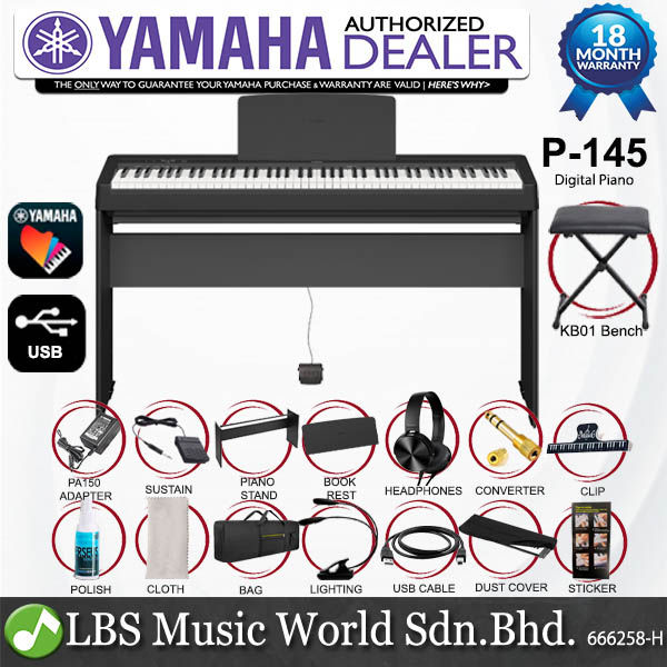 Yamaha P-145 88 Key Digital Piano with KB01 Keyboard Bench Package ...