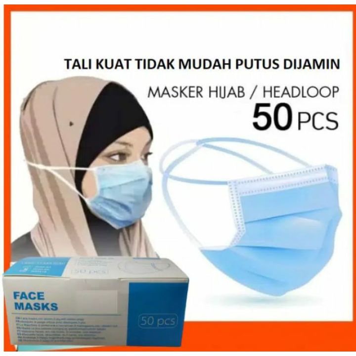 MASKER HIJAB HEADLOOP 3 LAPIS ISI 50PCS MASKER JILBAB WARNA BIRU ...