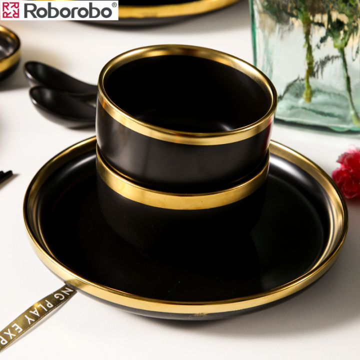 Matte Black Ceramic Gold Rim European Gilt Ink Tableware Household Dish ...