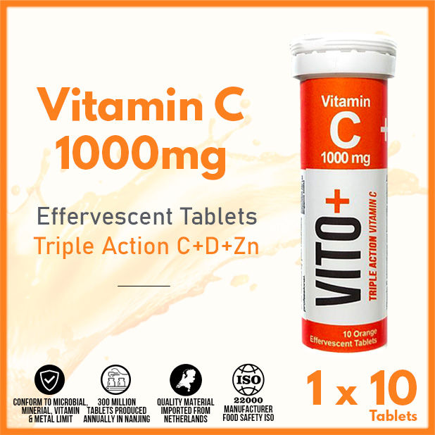 VITO+ Vitamin C Effervescent Tablet Triple Action C+D+Zn 【1 Tube ...
